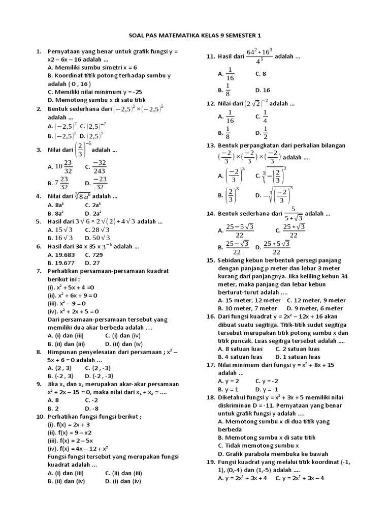 Soal Pas Matematika Kelas 9 Semester 1 | PDF