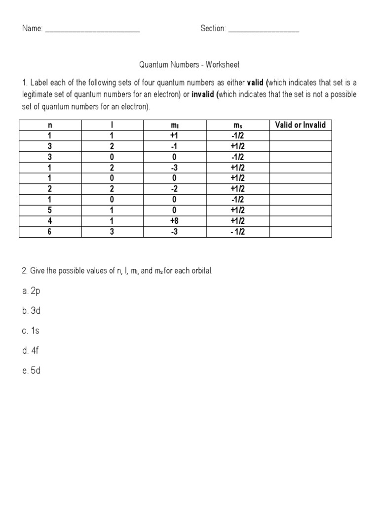 Quantum Numbers Worksheet 1 | PDF