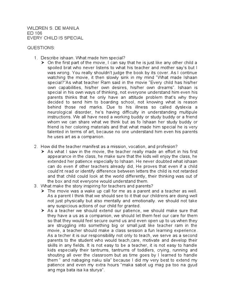 Every Child Is Special Reflection Paper | PDF | Psychology | Cognitive ...