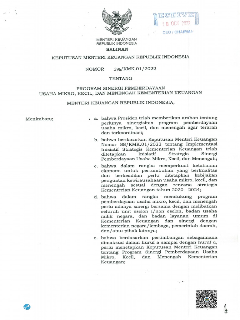 KMK No.396 TH 2022 TTG Program Sinergi Pemberdayaan UMKM Kemenkeu | PDF