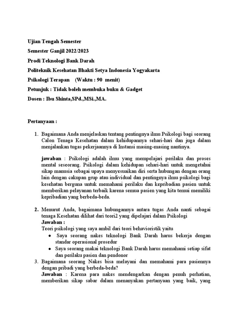 UTS Psikologi TBD 2022 | PDF