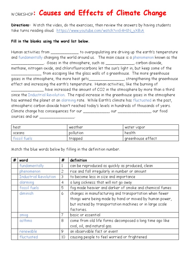 Climate Change Cause and Effect Worksheet Task2 | PDF | Greenhouse ...