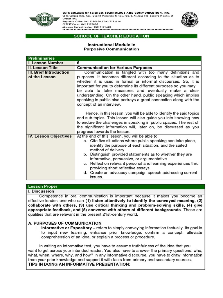 Lesson 6 Communication For Various Purposes | PDF | Public Speaking ...