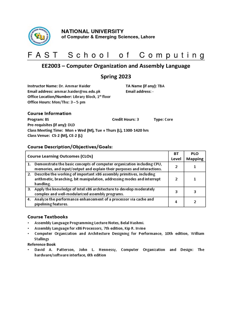 COAL Course Outline | PDF | Central Processing Unit | Assembly Language