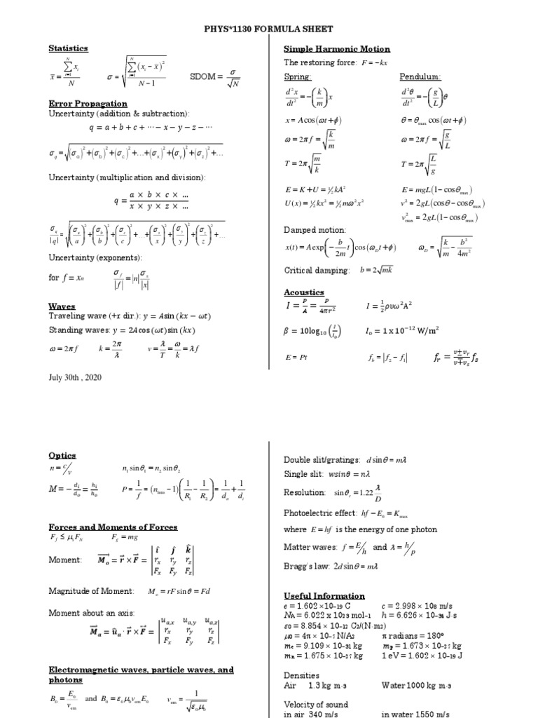 1130 Formula Sheet F 20 | PDF | Physical Quantities | Physics