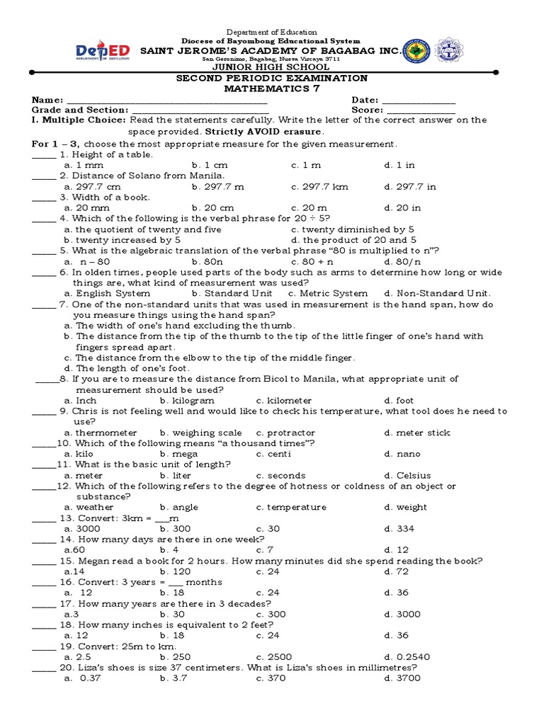Grade 7 Math 2nd Quarter Exam | PDF | Measurement | Temperature