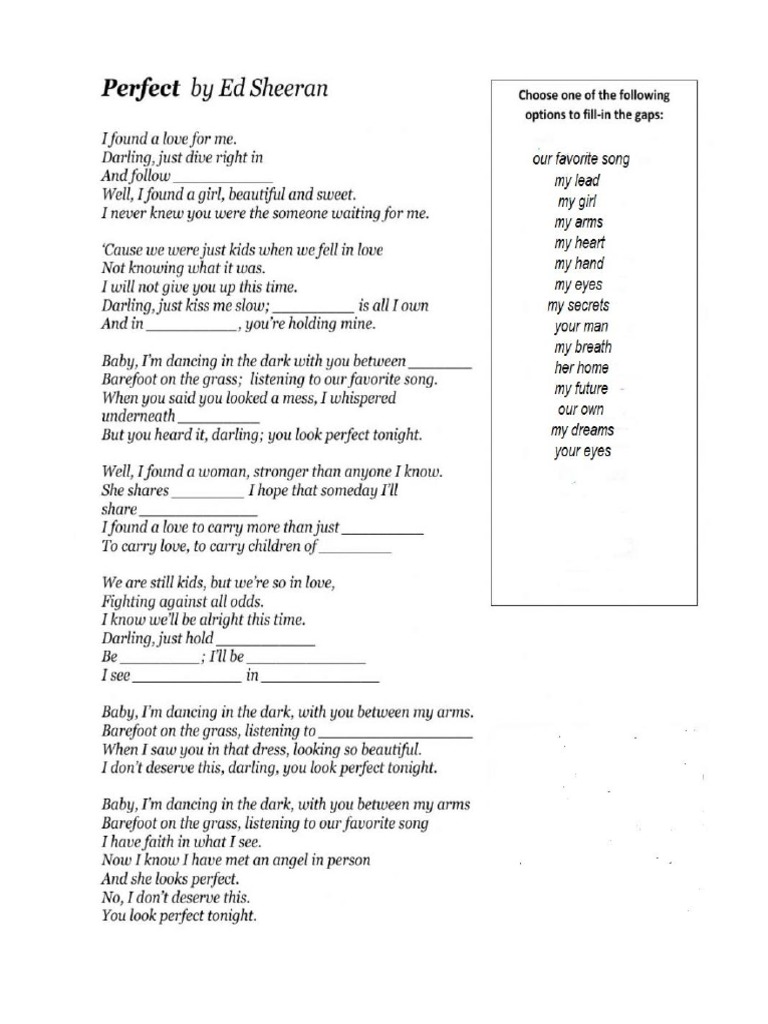 Ed Sheeran - Perfect Worksheet | PDF