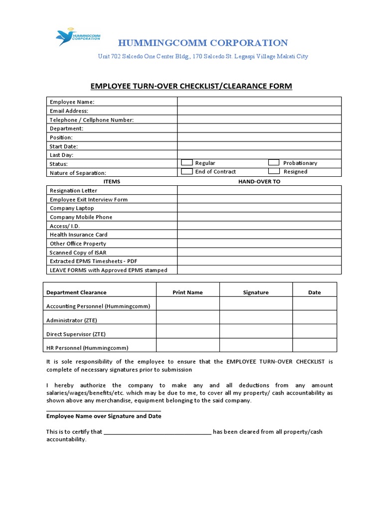 Clearance Form_Employee Turn-Over Checklist (2) | PDF