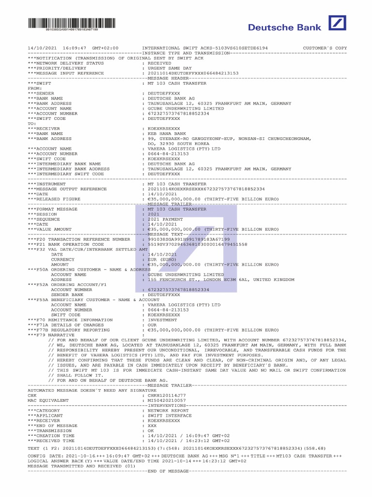 Swift Mt103 Gcube-Vahera 35b 14102021 | PDF