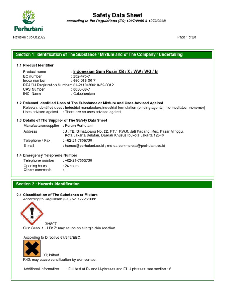 SDS Gum Rosin Perhutani Revision August 2022 | PDF | Waste Management ...