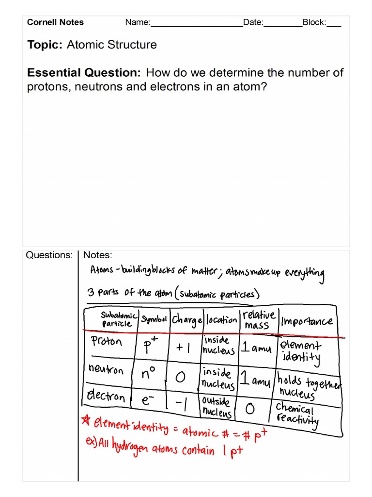 Atomic Structure Cornell Notes Ans | PDF