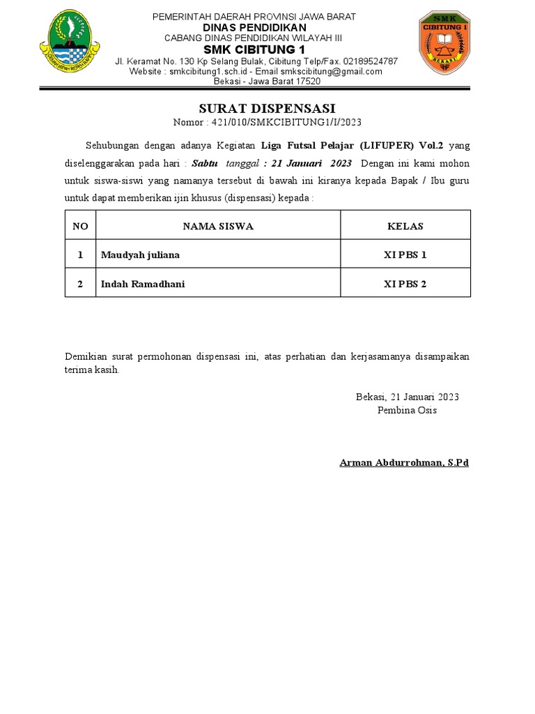 FORMAT SURAT DISPEN Osis | PDF