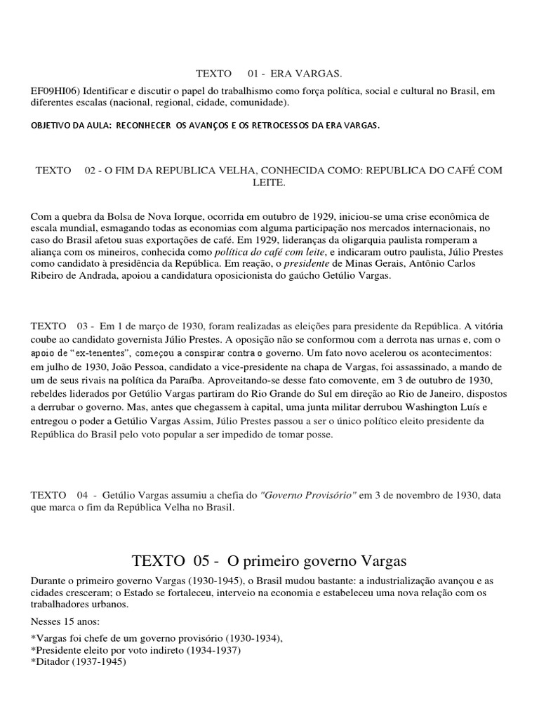 Era Vargas - Trabalho | PDF | Brasil | Café