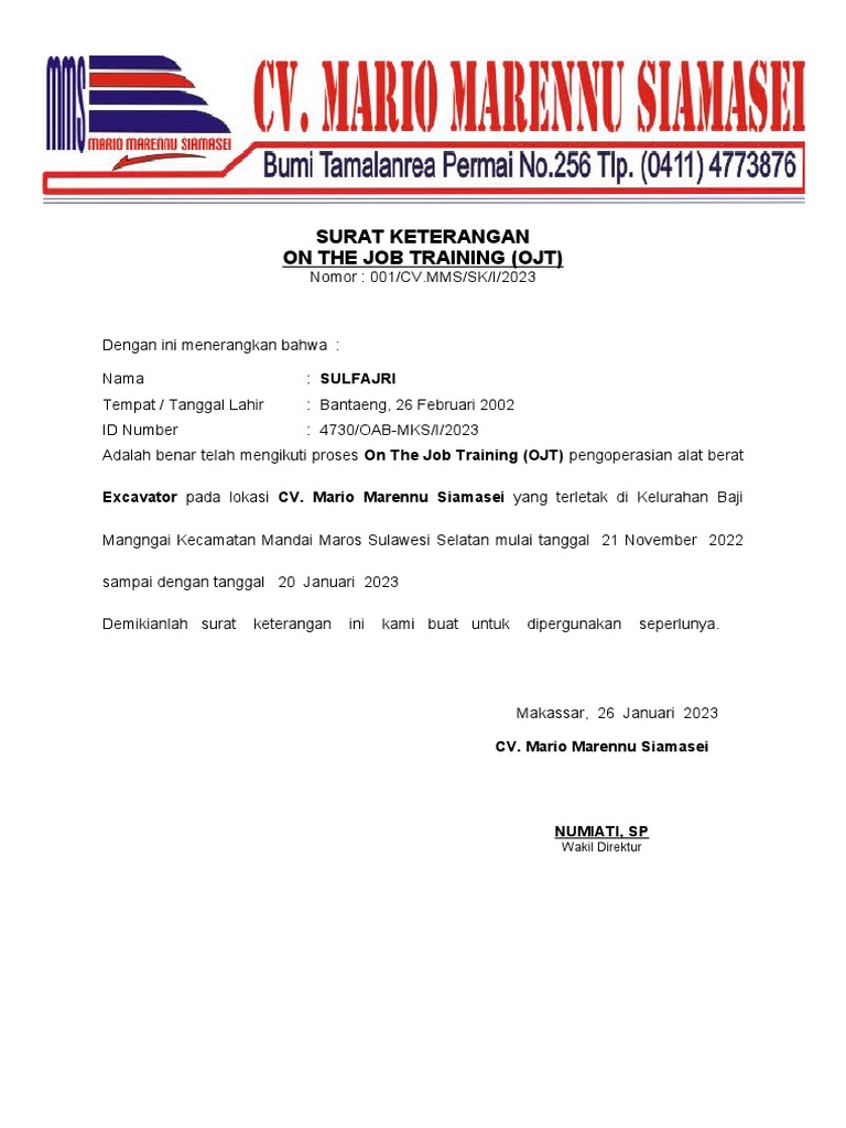 Ojt Certificates For Excavator Operators Pdf