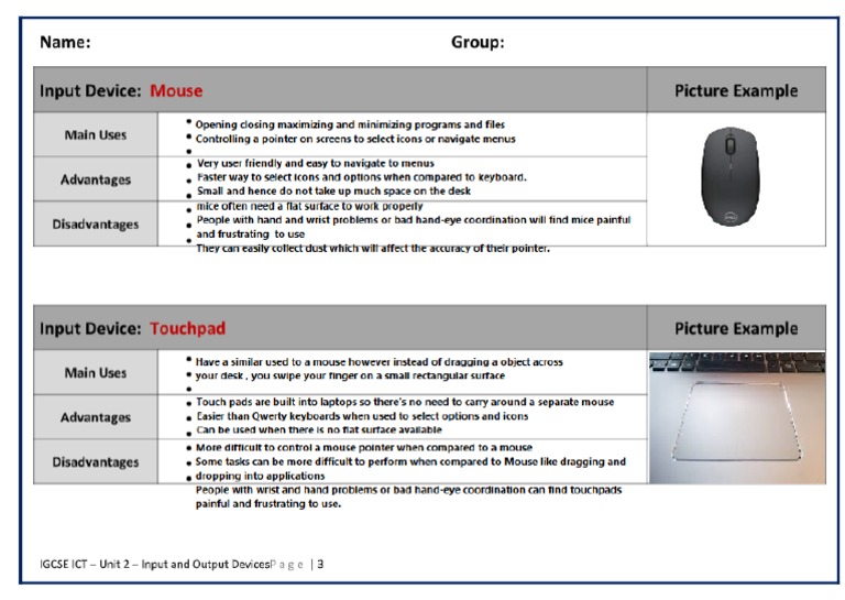 Igcse Ict Unit 2 Input And Output Devices Page 3 Pdf