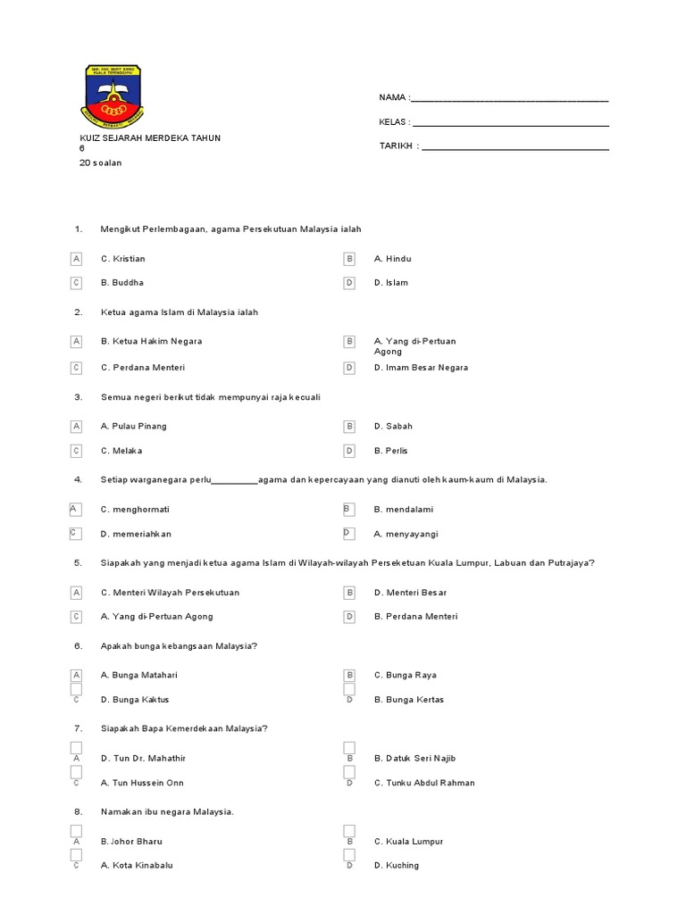Kuiz Sejarah Merdeka Tahun 6 | PDF