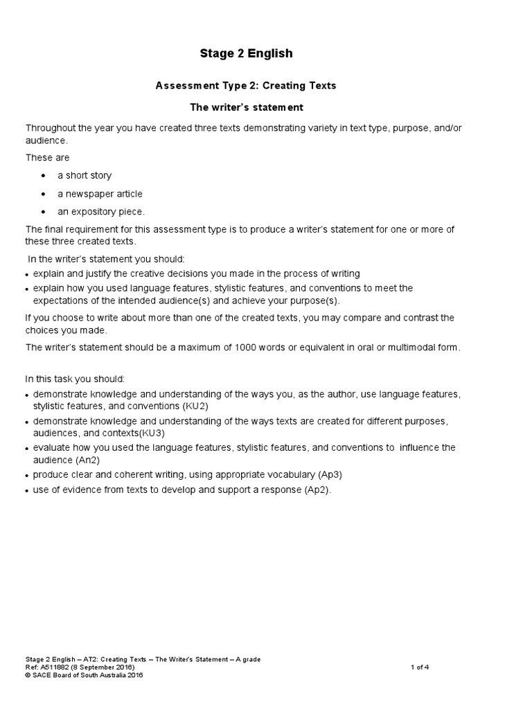 Writer's Statement - SACE Exemplar - A Grade | PDF | Knowledge ...