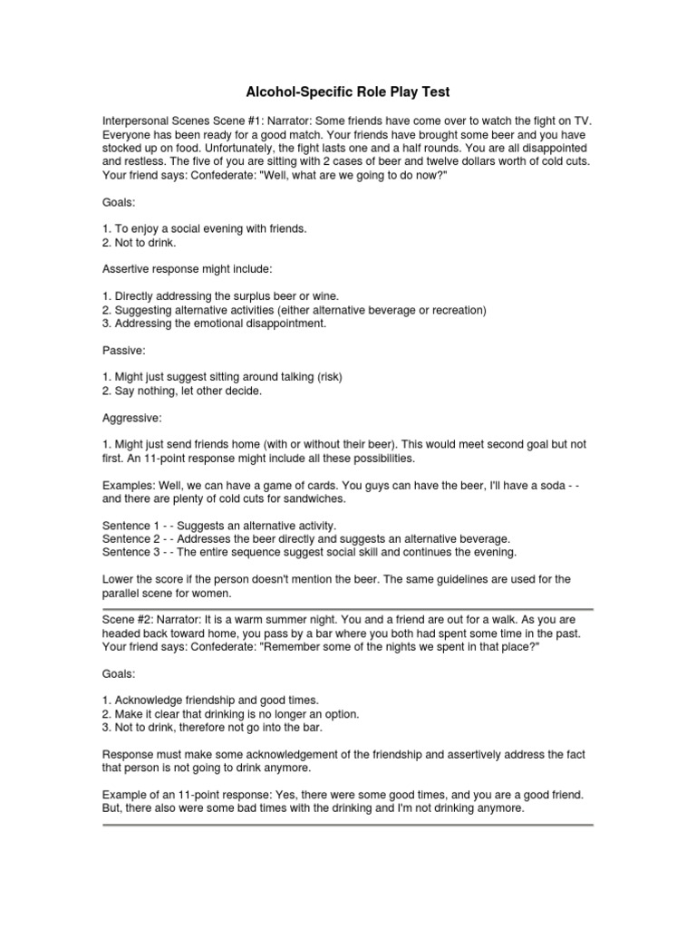 Alcohol Role Play Scenarios for Social Skills | PDF | Anxiety | Drink