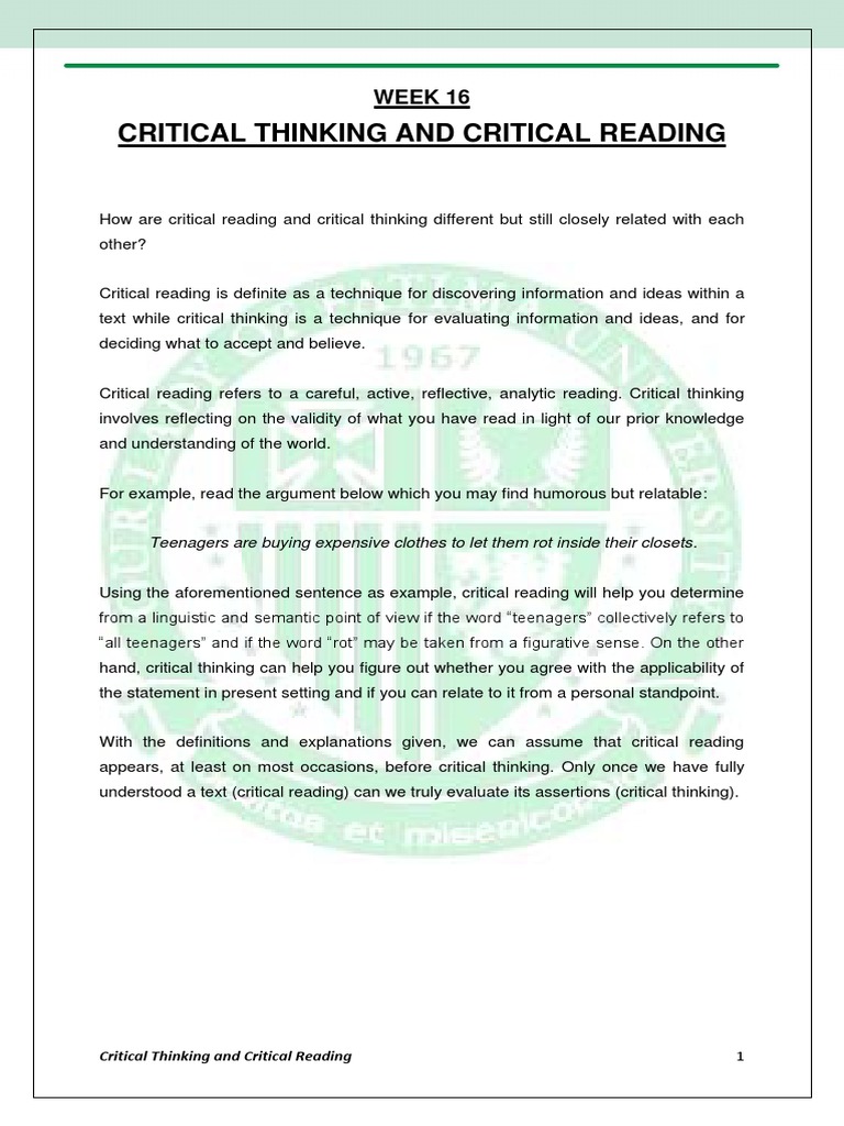 Week 16 - Critical Thinking and Critical Reading | PDF | Critical ...
