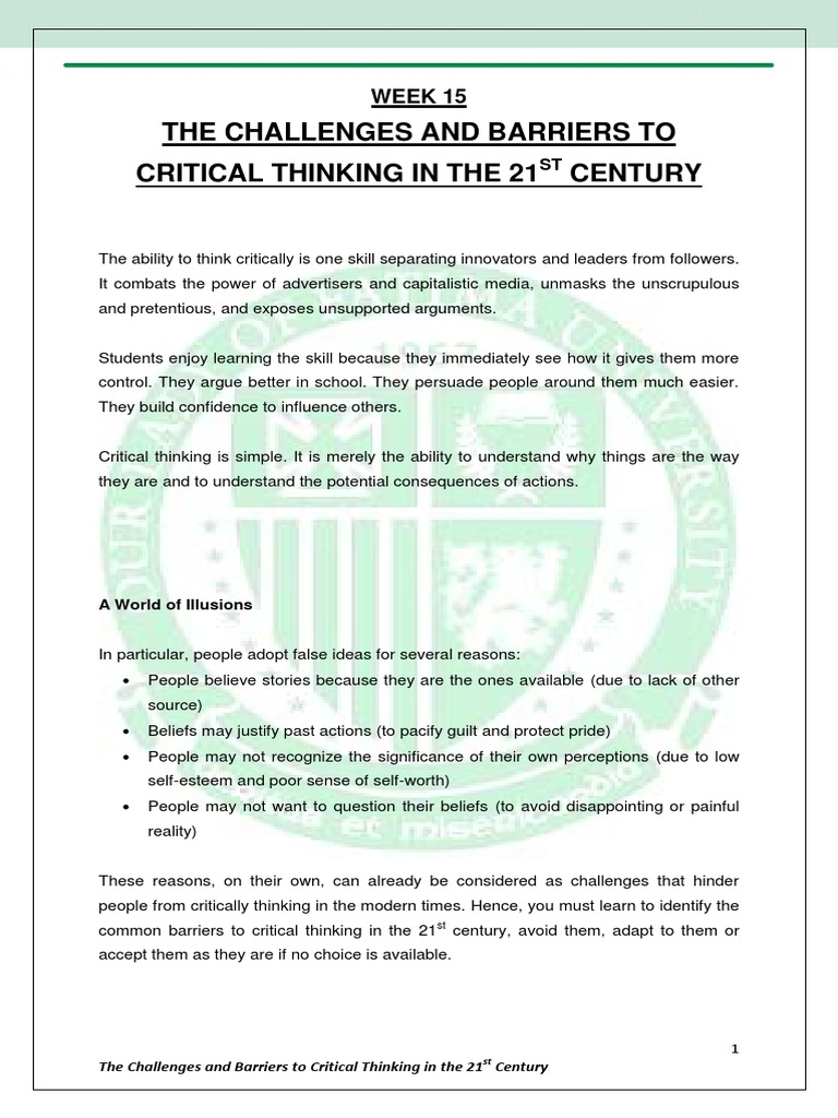 Week 15 - The Challenges and Barriers To Critical Thinking in The 21st Century | PDF | Thought ...