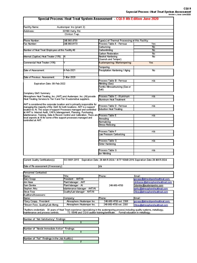 Austemper Inc. CQI - 9 4th Final DueDate 2.8.22 | PDF | Specification (Technical Standard ...
