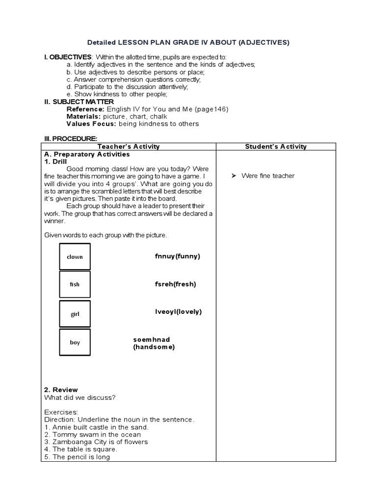 Grade IV Lesson Plan on Adjectives | PDF | Adjective | Noun