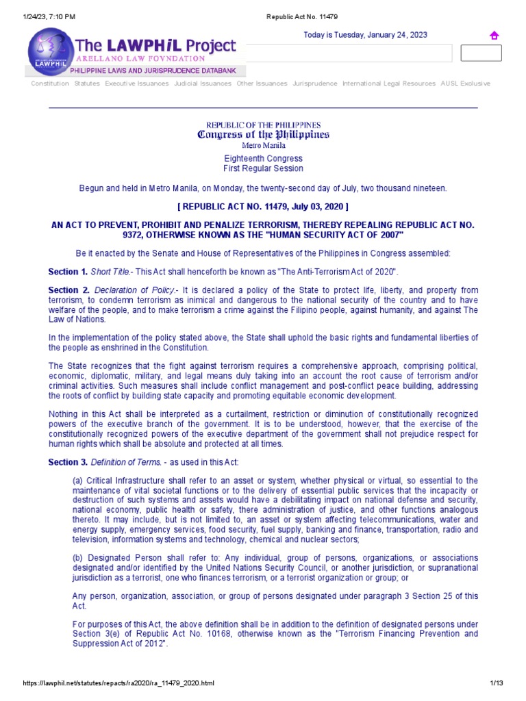 R.A. No. 11479 (Which Repealed R.A. No. 9372) | PDF | Detention (Imprisonment) | Arrest