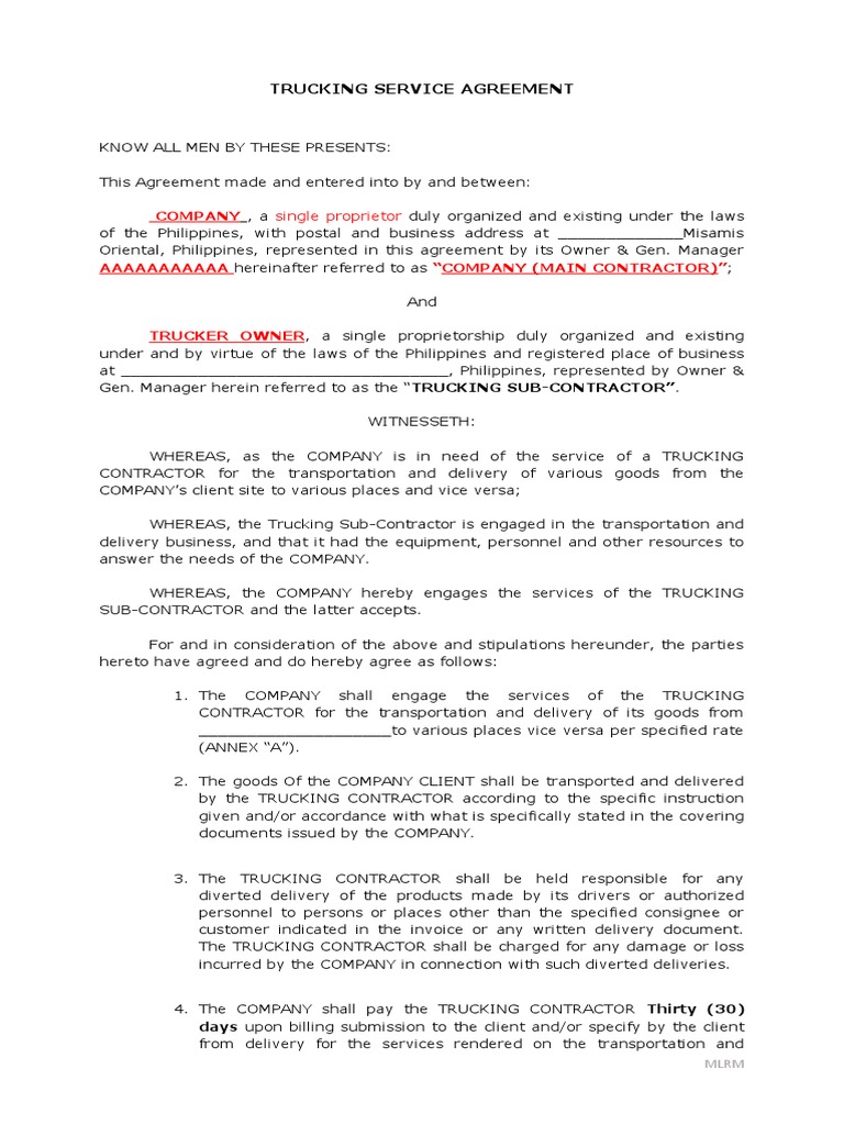 Sample Trucking Services Contract | PDF