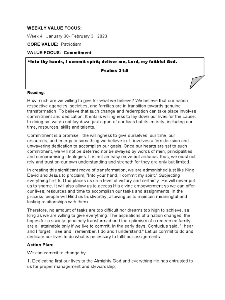 WEEKLY VALUE FOCUS Week 5 Commitment | PDF | Theology | Religious Belief And Doctrine