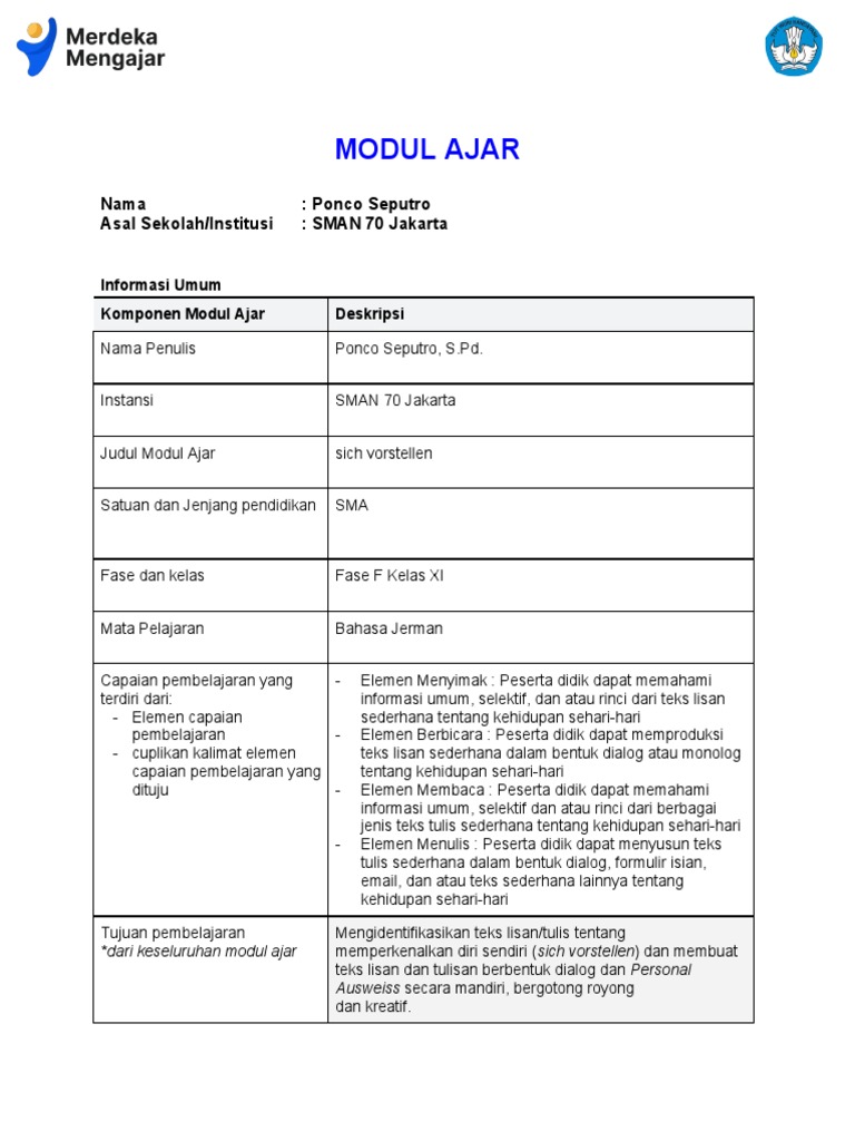 Modul Ajar Full Sich Vorstellen | PDF