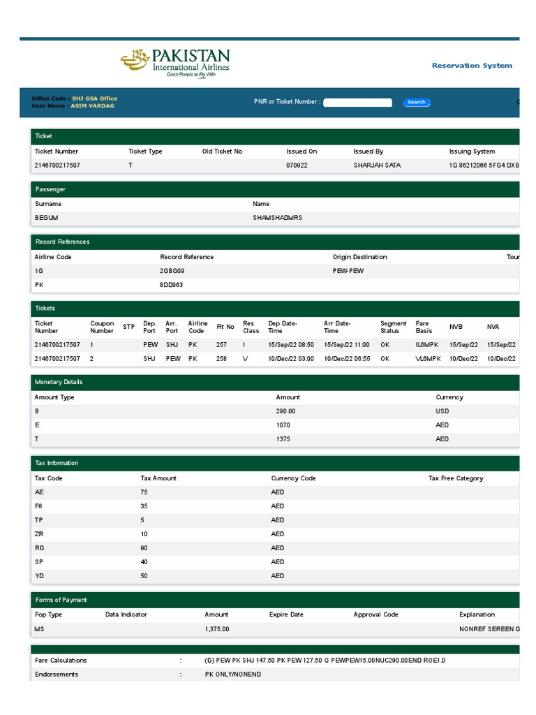 Ticket Display - Pakistan Airlines | PDF | Transport | Economies