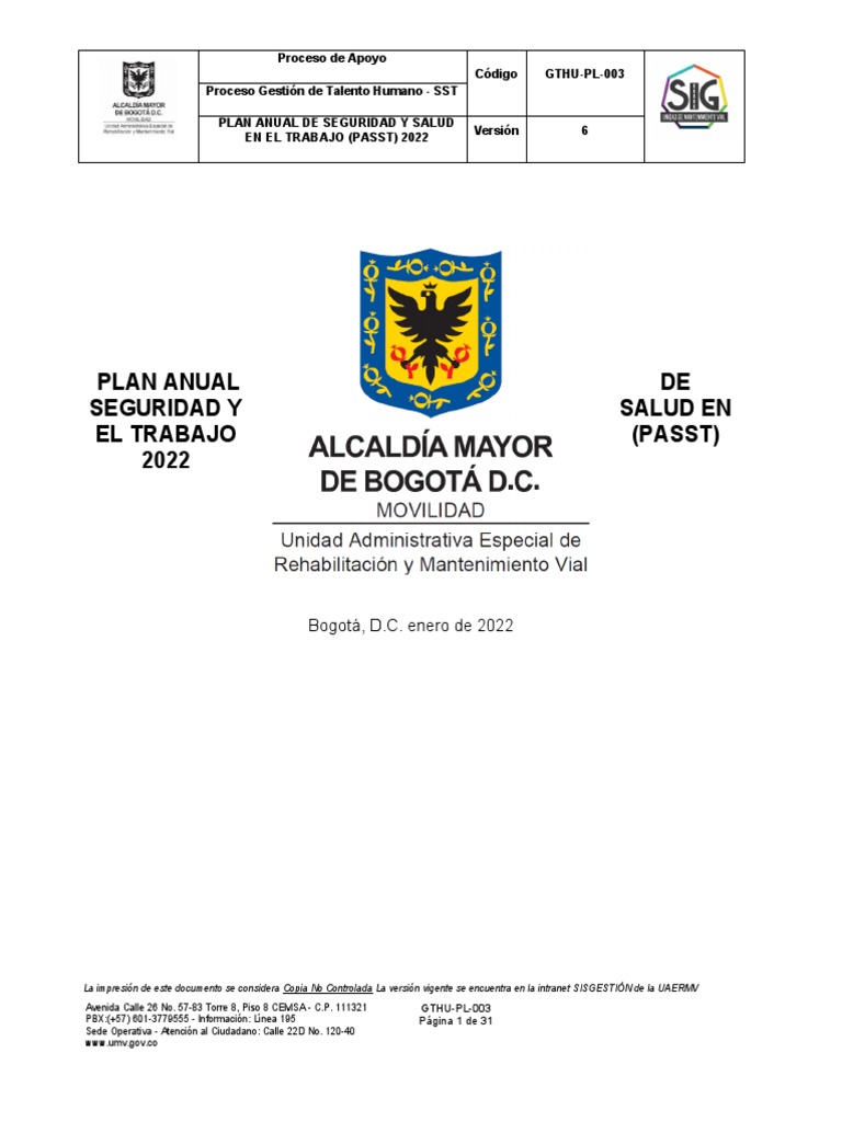 GTHU-PL-003-V6 Plan Anual de Seguridad y Salud en El Trabajo PASST | PDF | Seguridad y salud ...