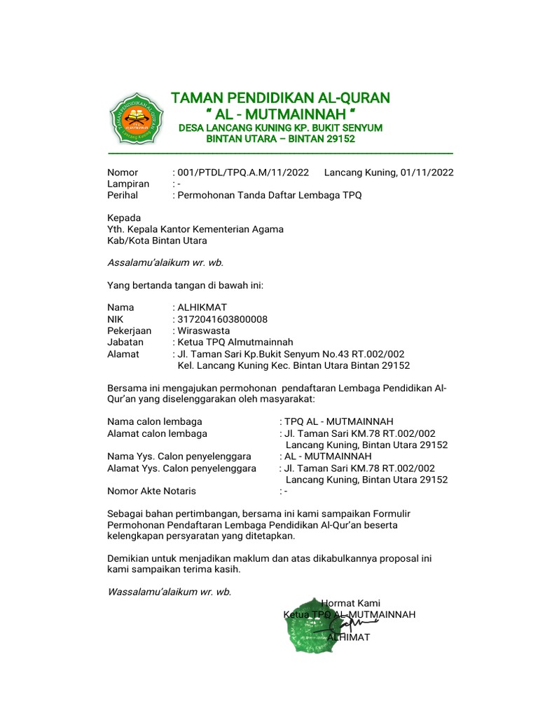 Surat Permohonan Tanda Daftar | PDF
