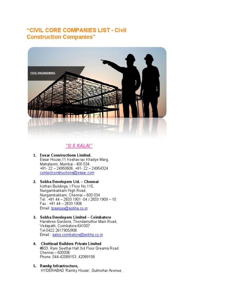 Top Civil Construction Companies List | PDF | Tamil Nadu