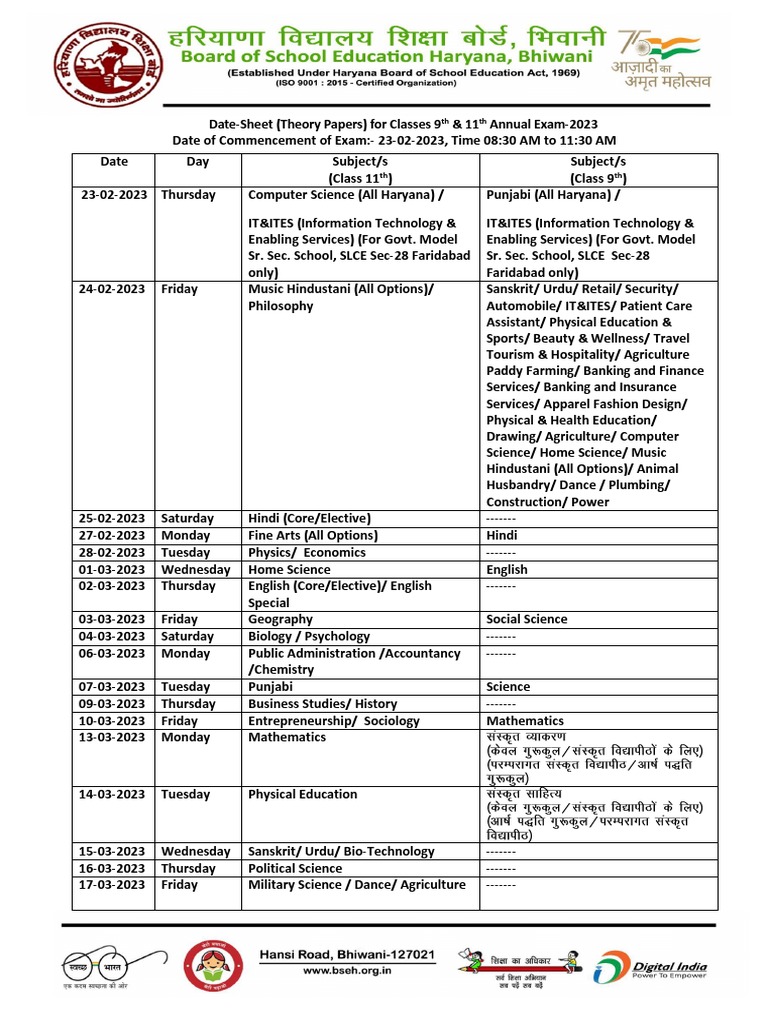 Class 12 Date Sheet | PDF | Science