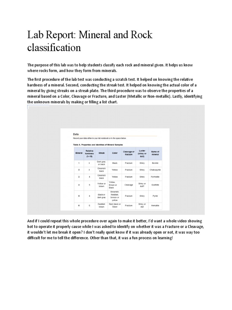 Mineral and Rock Classification Lab Report | PDF