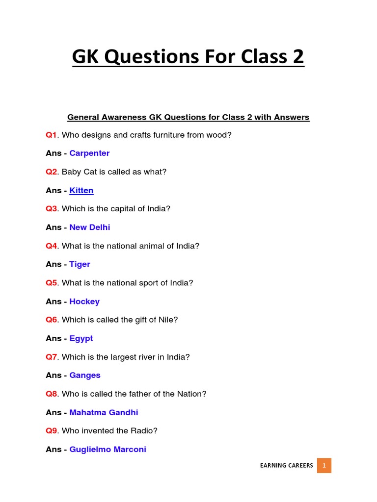 GK Questions For Class 2 | PDF | Astronomy | Physical Sciences GK Questions For Class 2 | PDF | Astronomy | Physical Sciences