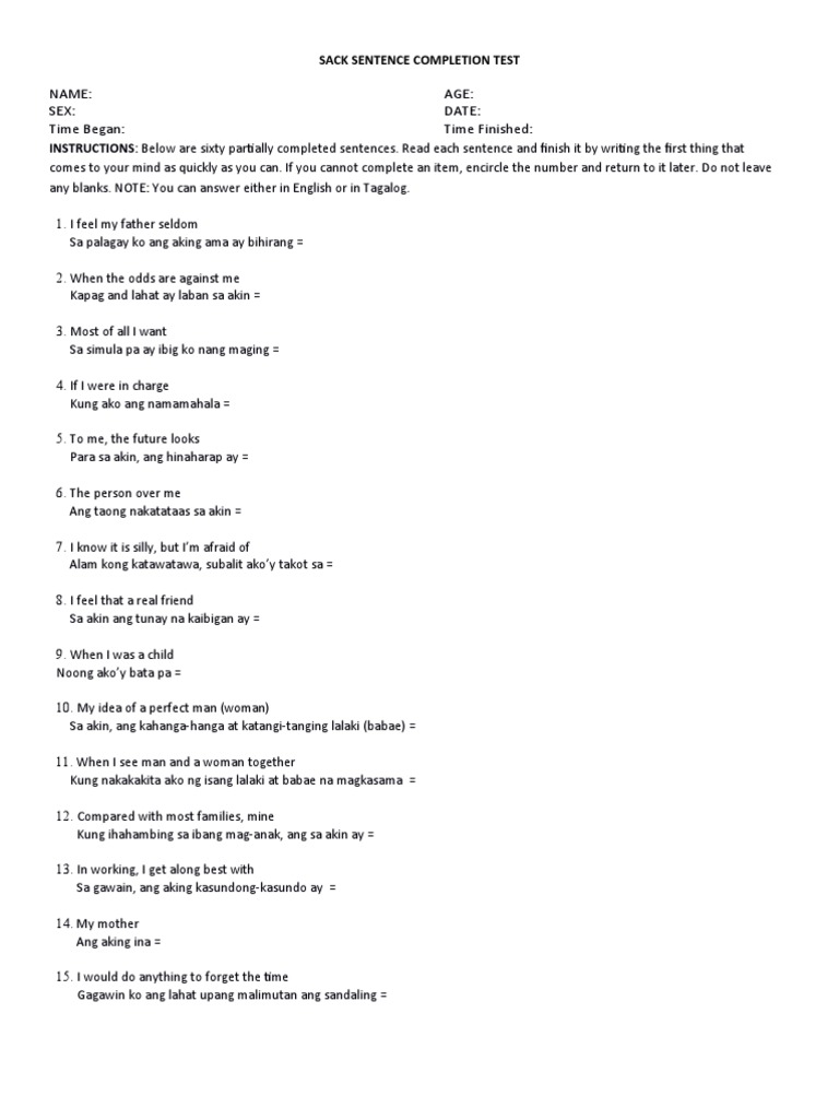 Sack Sentence Completion Test | PDF