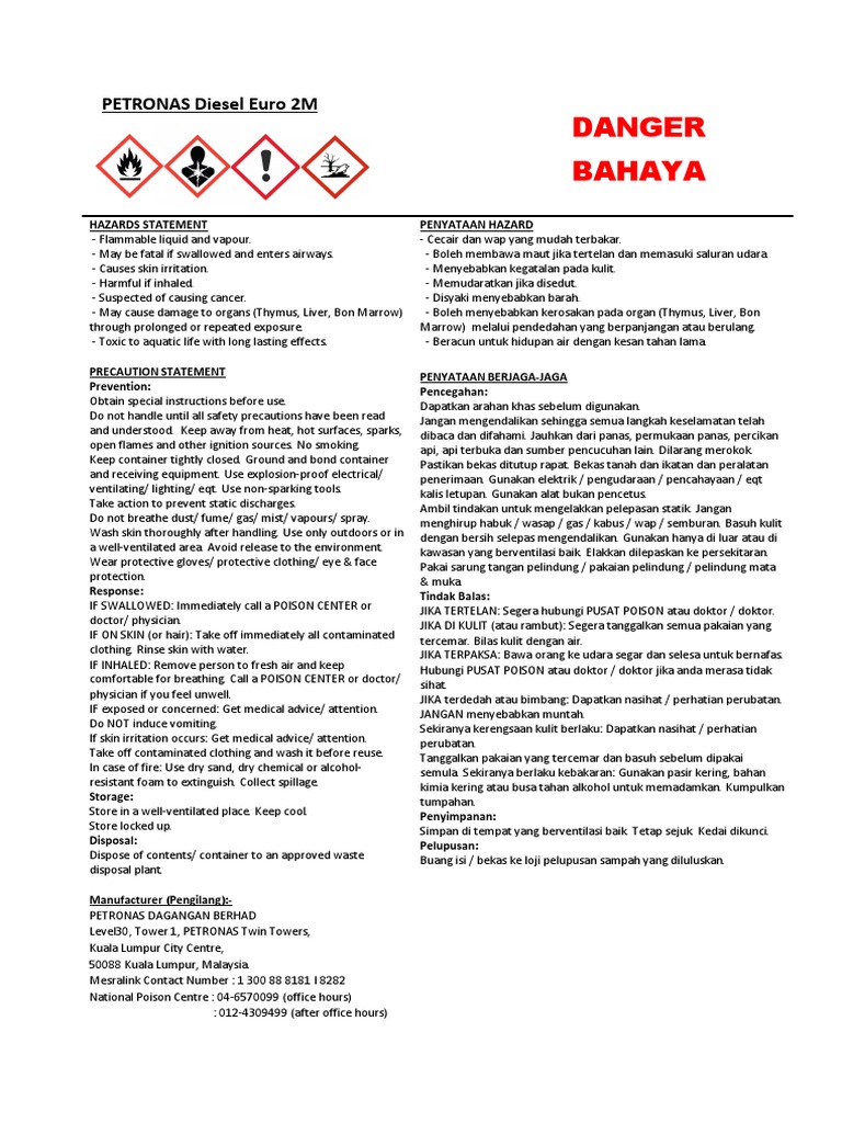 Petronas Diesel Euro 2m Label2 | PDF | Safety | Occupational Safety And Health