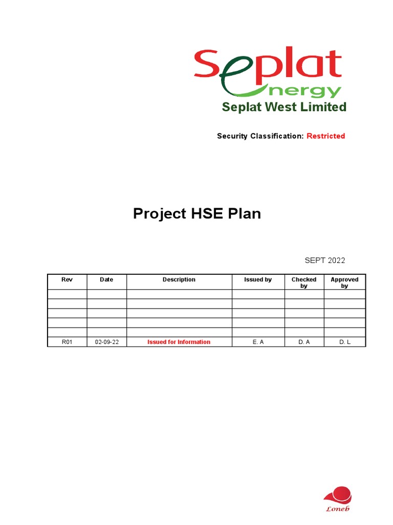 Sep-Ope-Xxx-Xxxx - Project Hse Plan Draft | PDF | Occupational Safety And Health | Safety