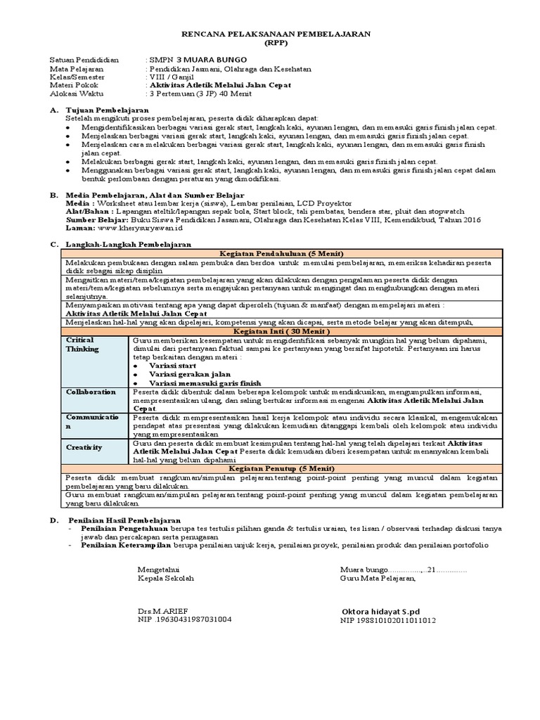 RPP 1 Lembar Pjok Kelas 8 - JALAN CEPAT | PDF