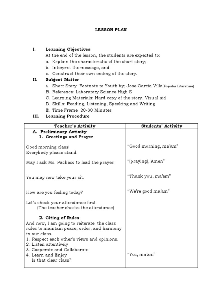 Short Story Lesson Plan: Footnote to Youth | PDF