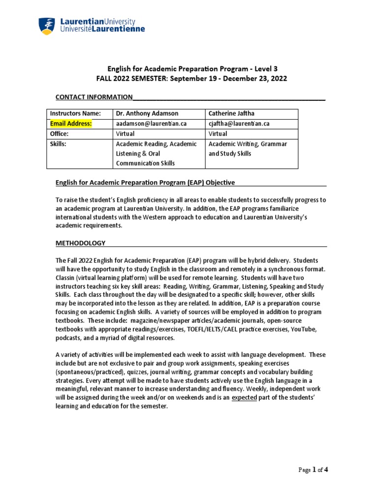 F2022 - EAP Level 3 Course Syllabus | PDF | Test (Assessment ...
