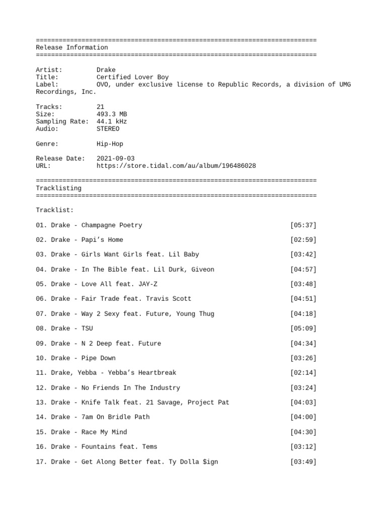 00 Drake Certified - Lover - Boy 16bit Webflac 2021.nfo | PDF
