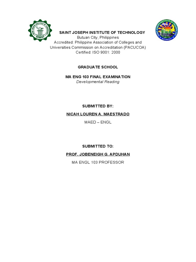 MA ENG 103 Final Examination | PDF | Phonics | Reading Comprehension