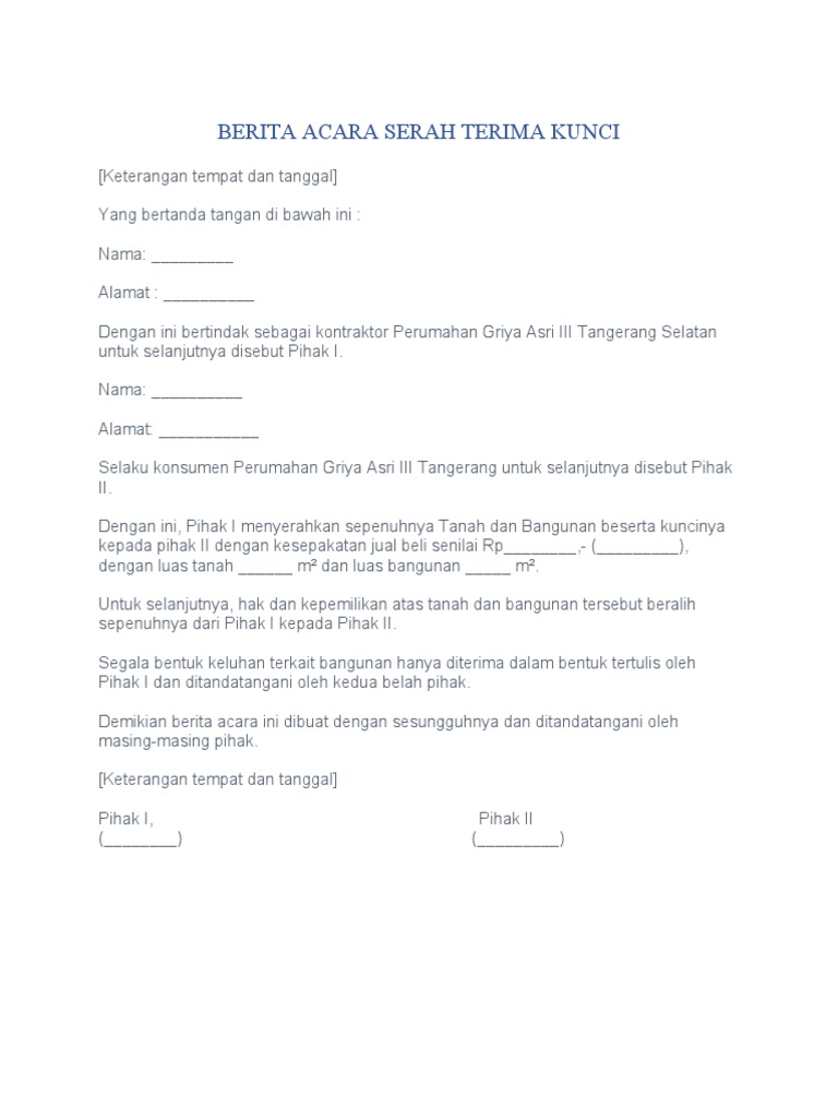 Contoh Surat Serah Terima Kunci Rumah KPR | PDF Contoh Surat Serah Terima Kunci Rumah KPR | PDF