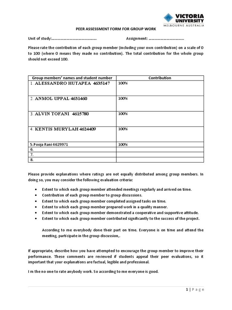 Peer Assessment Form For Group Work | PDF | Cognition | Psychology