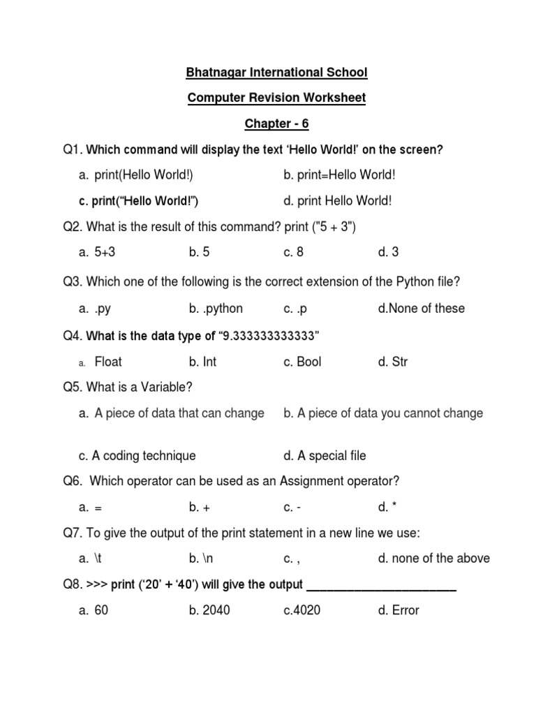 Computer Revision Worksheet Class 7 Chapter 6 | PDF | Python ...