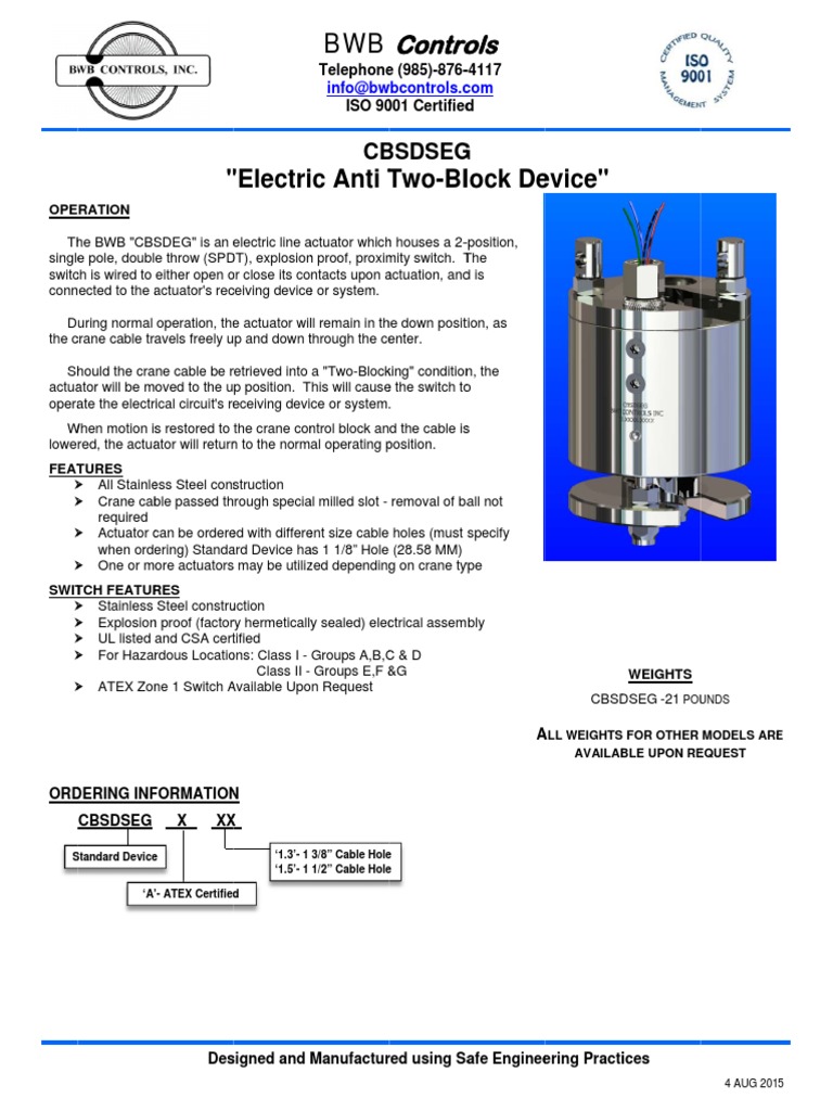 CBSDSEG Electric Anti Two Block Device | PDF | Switch | Manufactured Goods