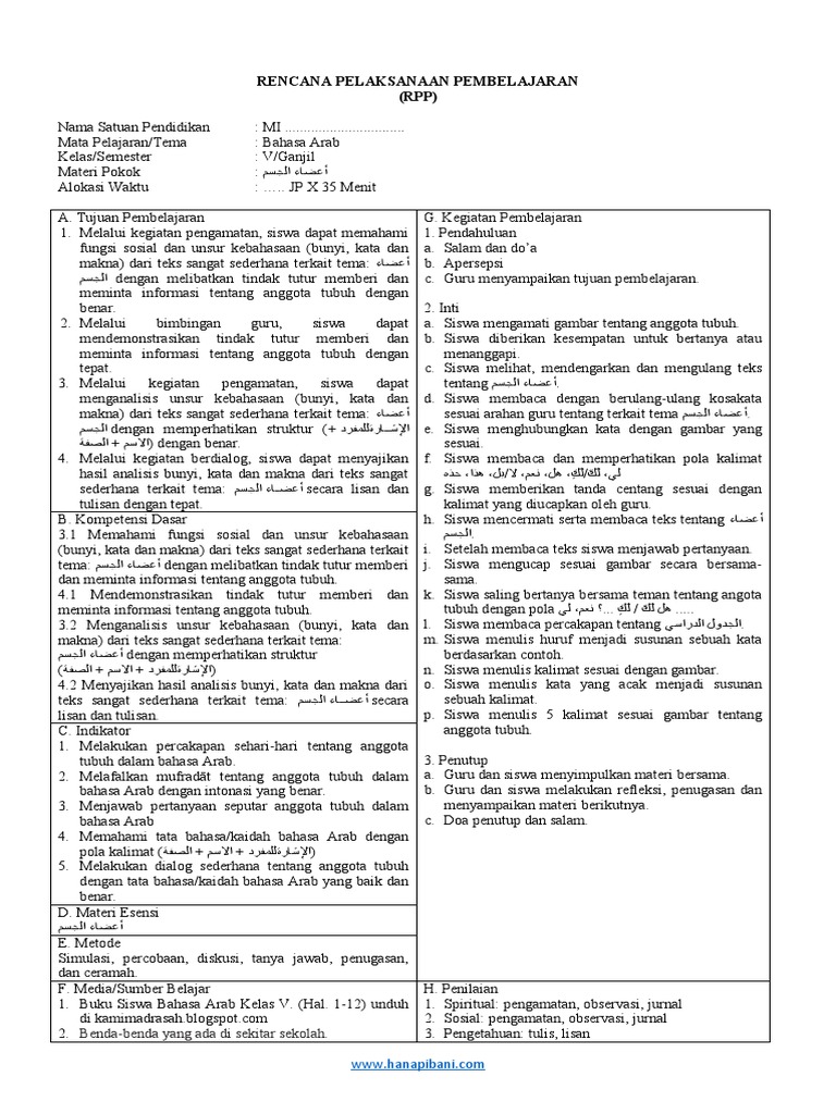 RPP Bahasa Arab Kelas V: Anggota Tubuh | PDF | Karier & Perkembangan | Seni & Disiplin Bahasa